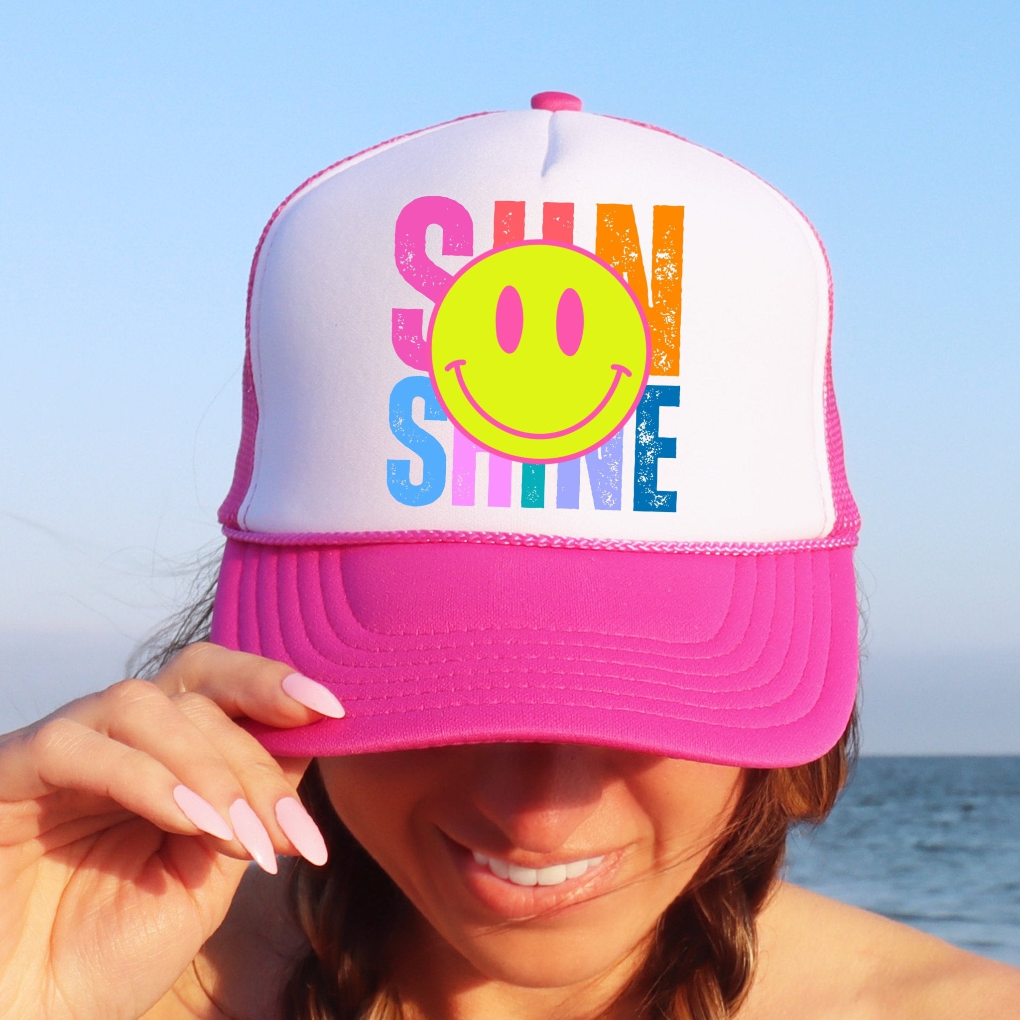 SUNSHINE Smiley Hot Pink Trucker Hat – Sunfire Tees